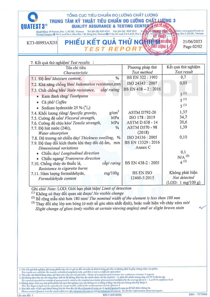 Thông số kỹ thuật gỗ nhựa Kosmos & Galawood theo Quatest 3