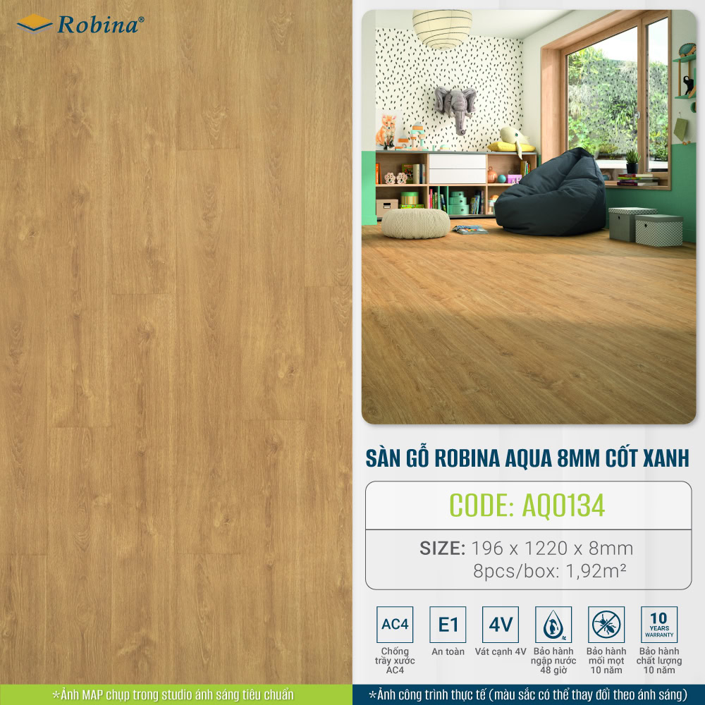 Robina Aqua AQO134 Cottage Oak laminate flooring with premium HDF core.